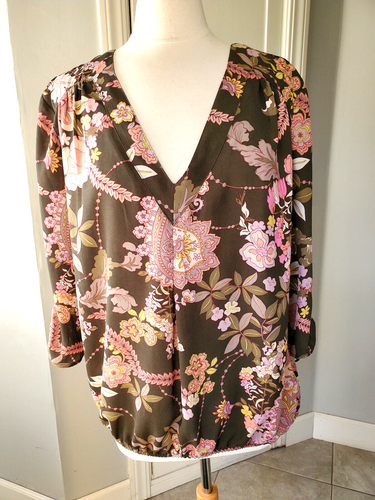 SOHO blouse XL pink brown floral puff sleeve w/tie deep Vneck | eBay