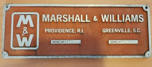 Marshall & Williams FST24 Serial No Name Plate Providence, RI ...