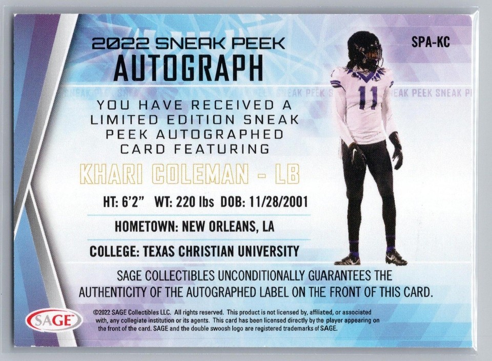 2022 SAGE Khari Coleman Sneak Peek Auto #SPA-KC | eBay