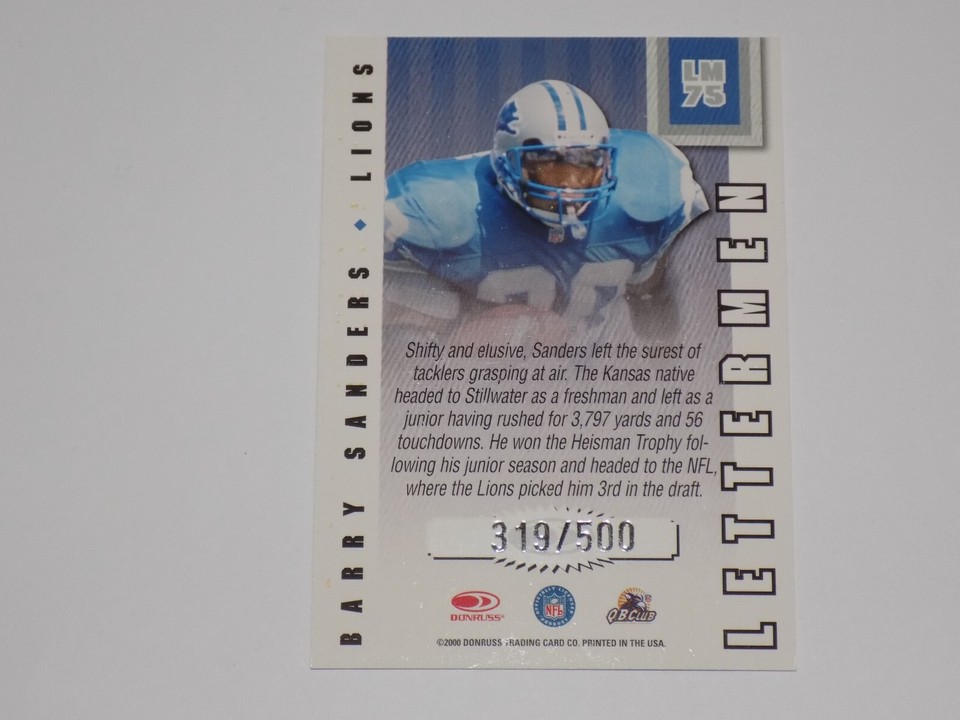 2000 Donruss Preferred Letterman Barry Sanders Card #LM75 Serial #319/ ...