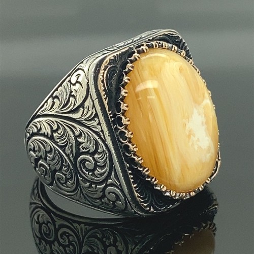 Man Honey Amber Stone Handmade Amber Ring Silver Natural Gemstone Ring ...
