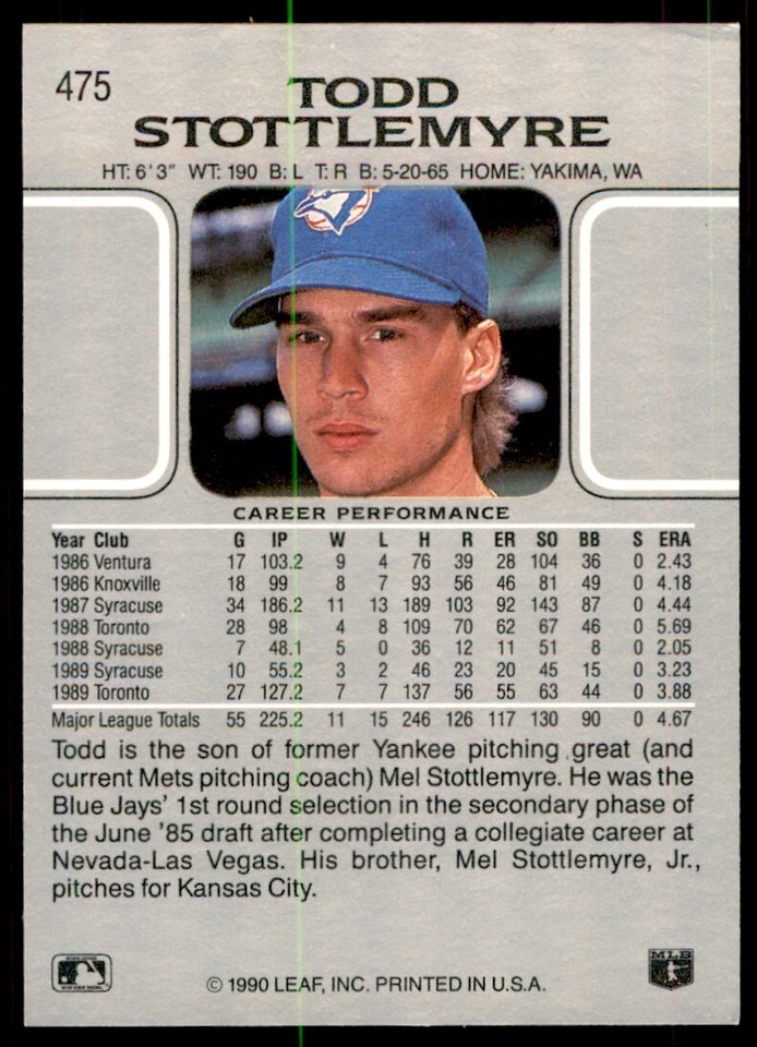 1990 Leaf Todd Stottlemyre Toronto Blue Jays #475 | eBay