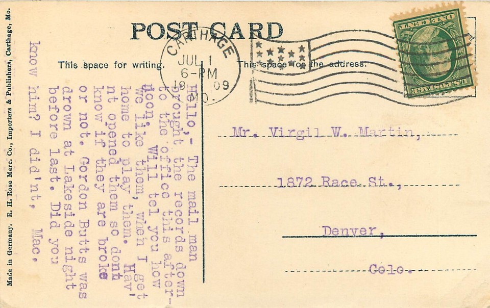 c1909 Postcard; Carthage MO Steam Launch Pleasure Boat at Lakeside ...