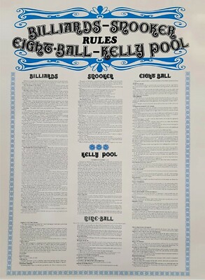 BILLIARDS-SNOOKER-EIGHT BALL-KELLY POOL-NINE BALL rules poster for all ...