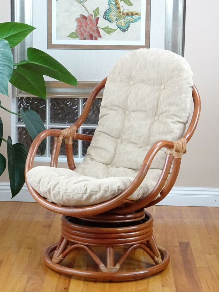 Natural Rattan Wicker Swivel Rocking Bali Chair with Cream Cushion ...