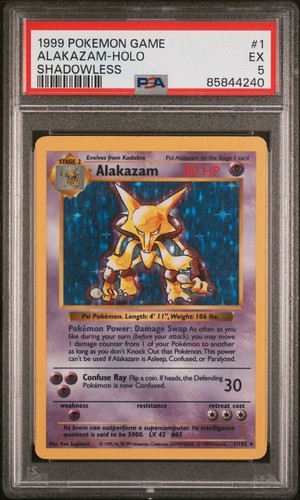 PSA 5 Alakazam 1/102 SHADOWLESS Holo Pokémon Card Game 1999 WOTC BASE ...