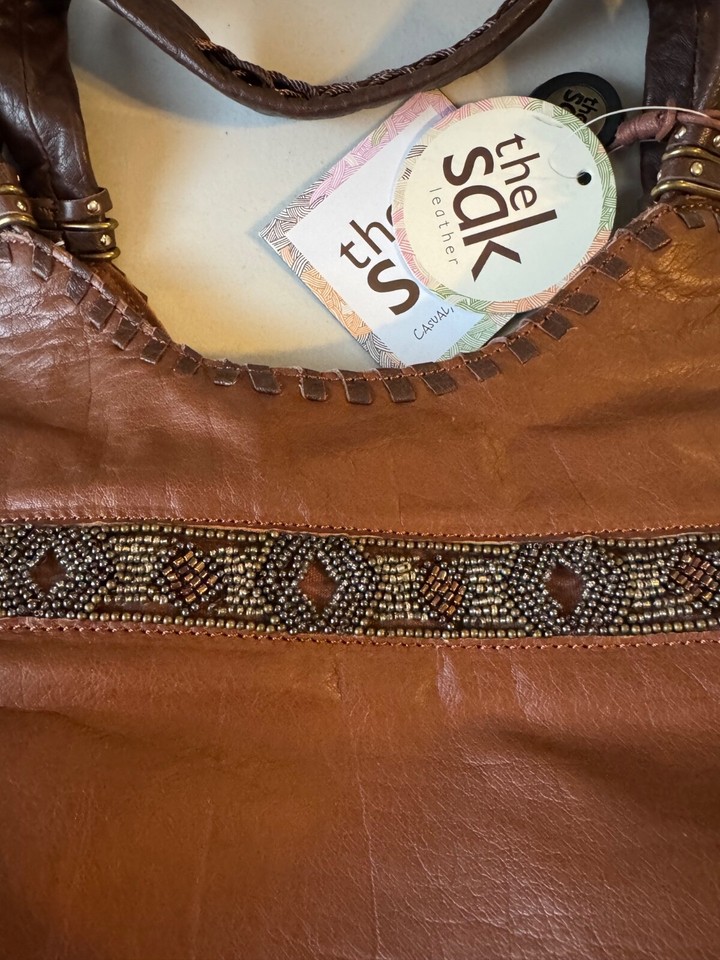 The Sak Indio Hobo Handbag Tobacco Brown Leather Beaded Trim NWT | eBay