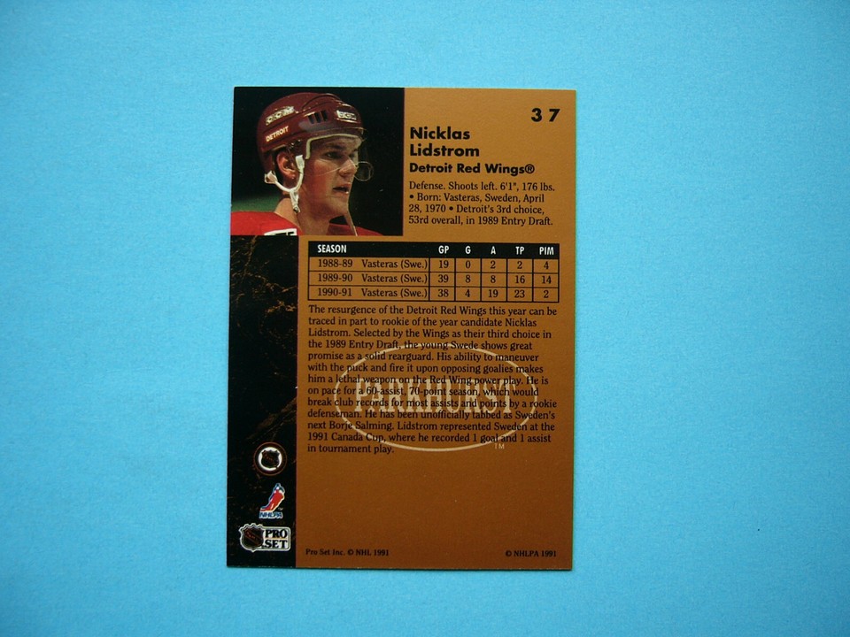 1991/92 PARKHURST NHL HOCKEY CARD #37 NICKLAS LIDSTROM ROOKIE NM SHARP+ ...