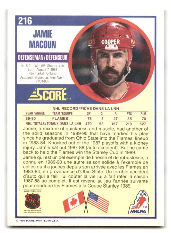 Jamie Macoun 1990 Score Canadian HOCKEY #216 Calgary Flames | eBay