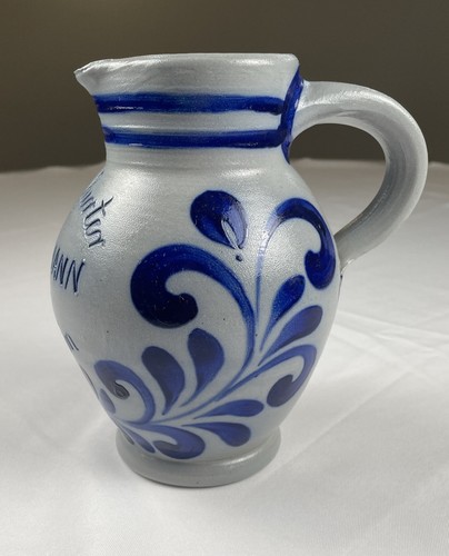 German HANDARBEIT Salt Glazed Cobalt Blue Pottery Pitcher Handarbeit 7. ...