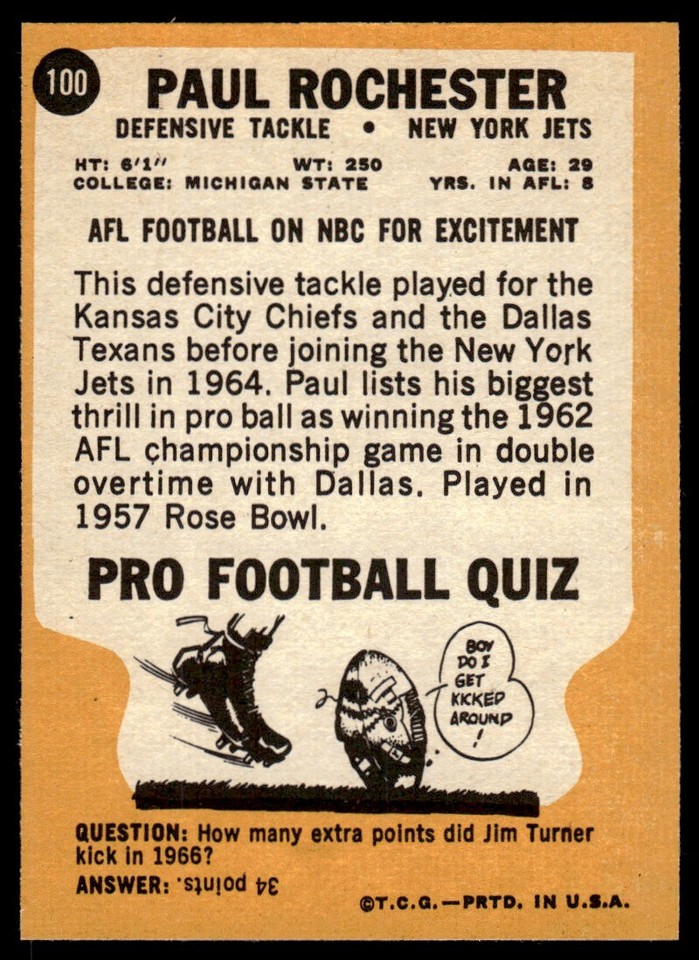 1967 Topps Paul Rochester New York Jets #100 | eBay