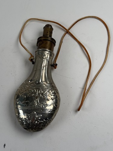 Vintage Embossed Metal Gun Powder Flask with leather strap | eBay