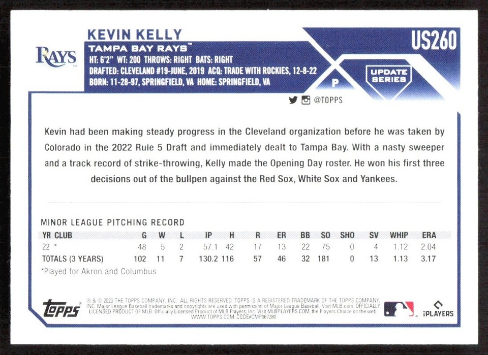 2023 6671B Topps Update Kevin Kelly Rookie Tampa Bay Rays #US260 | eBay