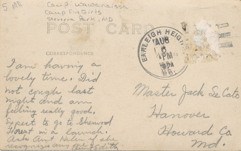 Severna Park MD * Camp Wawanaissa Camp Fire Girls RPPC 1924 Prince ...