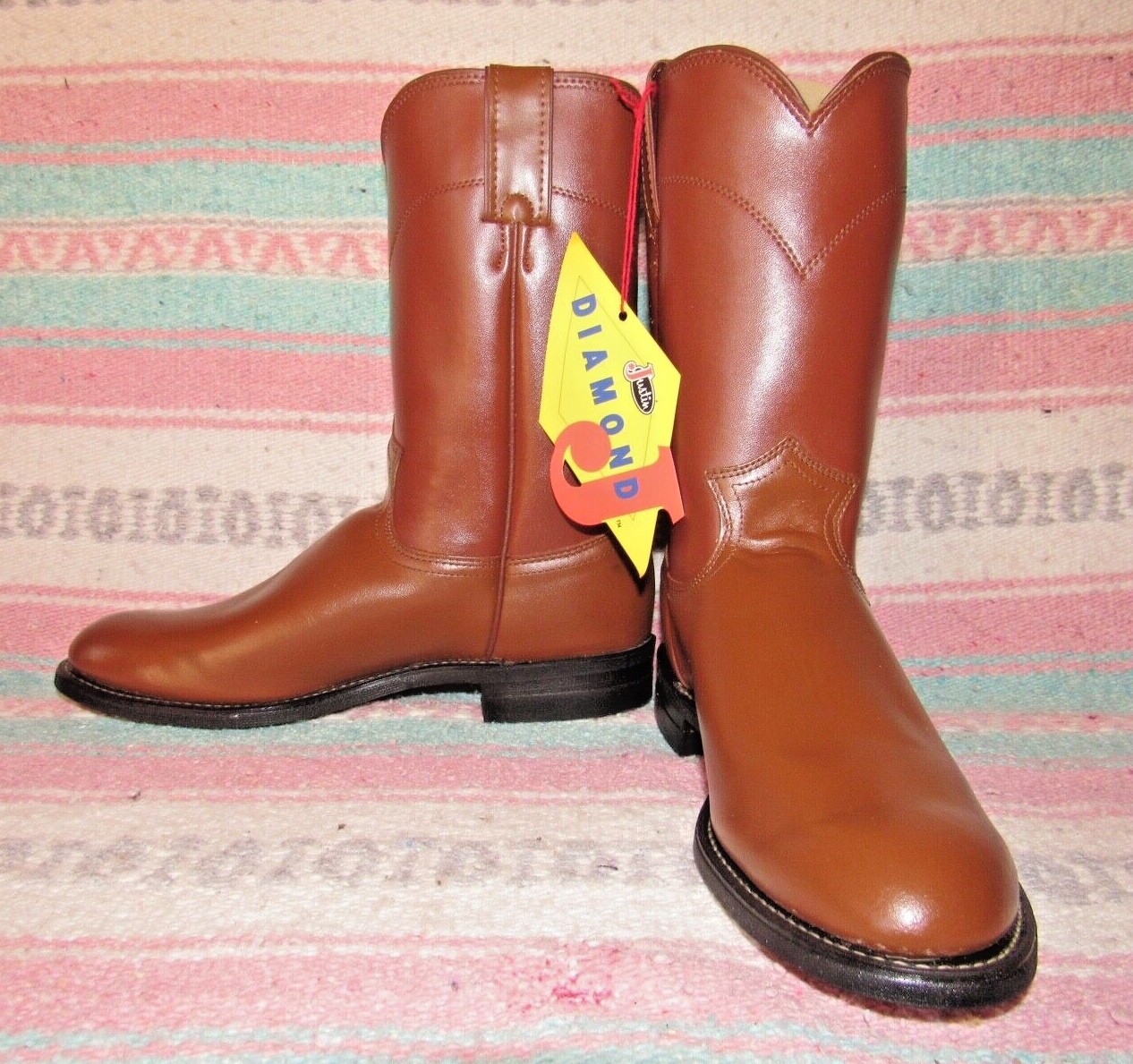 Vintage Justin Diamond J Brown Leather Roper Cowboy Boots Men 7 D Lady ...