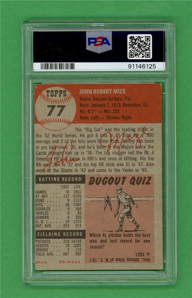 1953 Topps #77 Johnny Mize *** PSA VG-EX 4 ** New York Yankees old ...