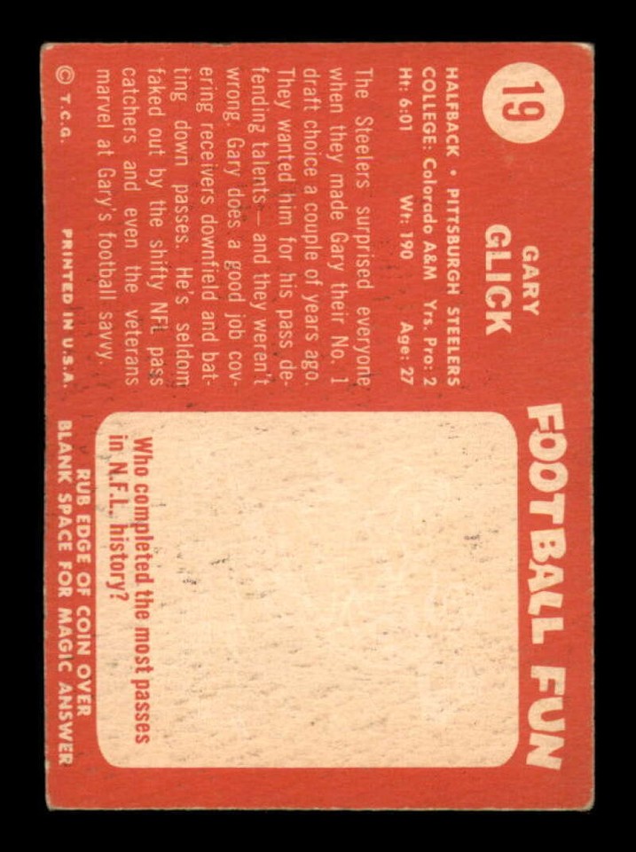 1958 Topps #19 Gary Glick G Steelers 563405 | eBay
