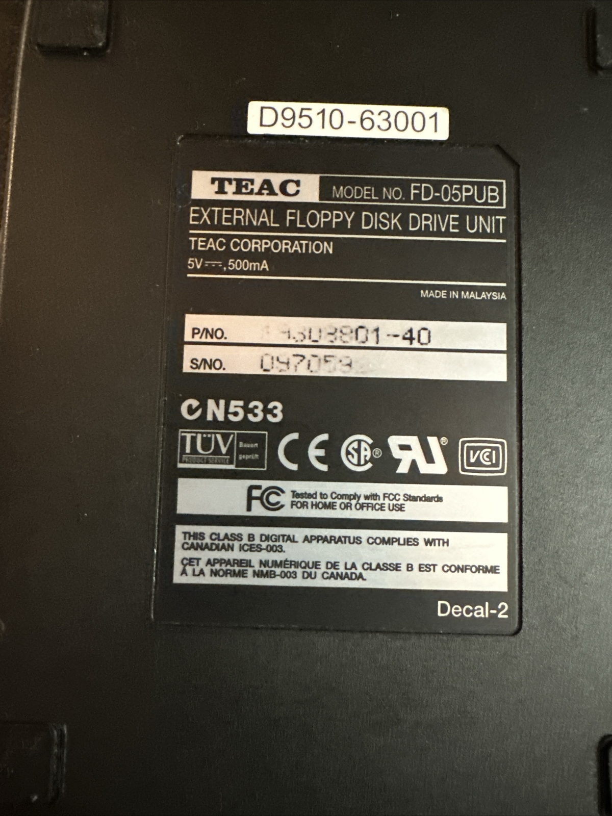 HP FD-05PUB TEAC 1.44 MB USB Port Black External Floppy Disk Drive ...