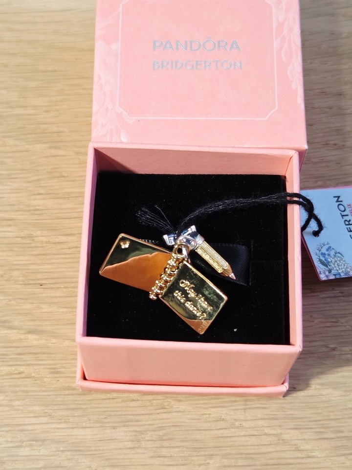 Pandora Bridgerton Dance Card & Pencil Dangle Bracelet Necklace Charm ...