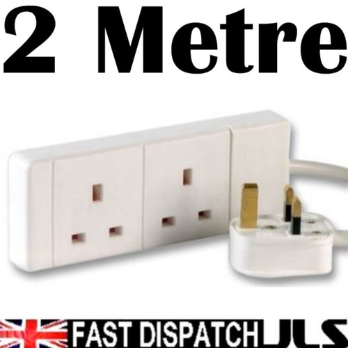2 Metre Extension Lead Double Socket 2 Gang Way Mains Lead Cable White ...
