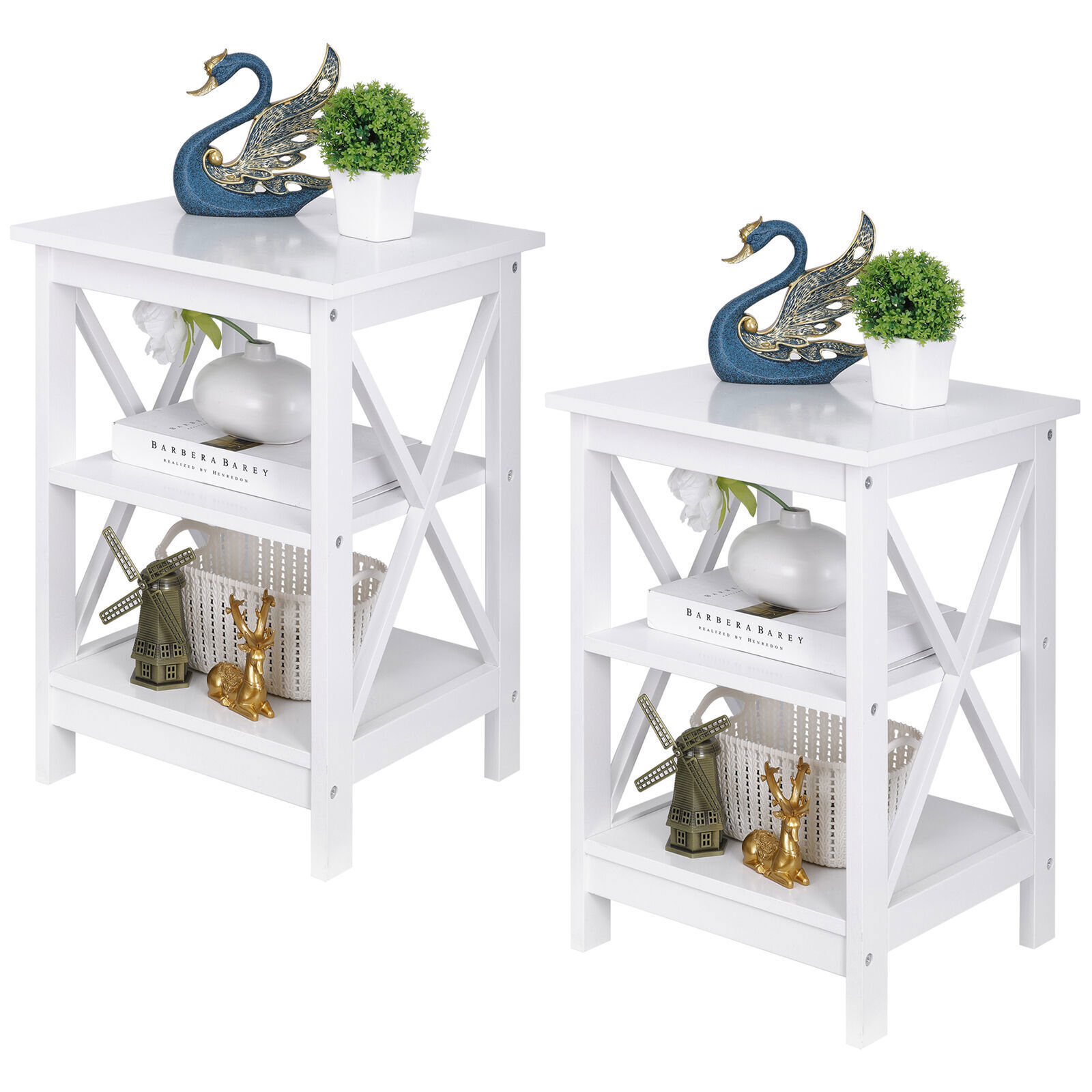 Set of 2 End Tables White Sofa Side End Storage Shelf 2-Tier Table Home ...