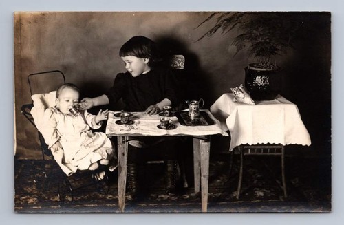 Girl Having Tea Party w Baby Sister RPPC Cute Antique Photo Postcard ...