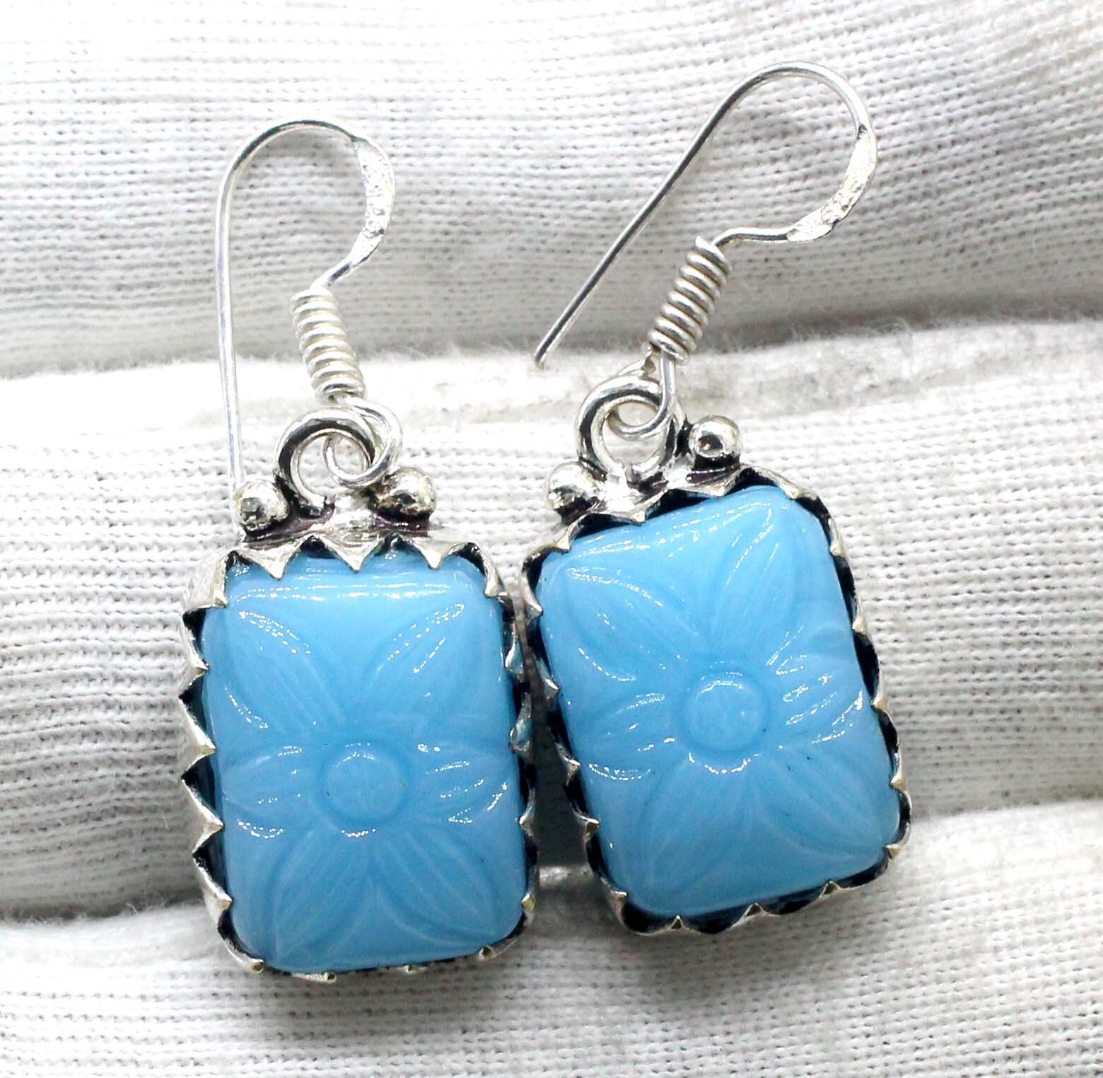 925 Sterling Silver Carved Aventurine Gemstone Jewelry Cavin Earring Size-1.50'' | eBay Australia