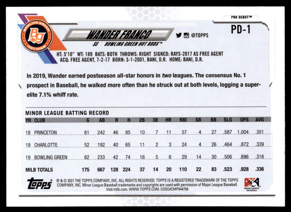 2021 Topps Pro Debut PD-1 Wander Franco Bowling Green Hot Rods Baseball ...