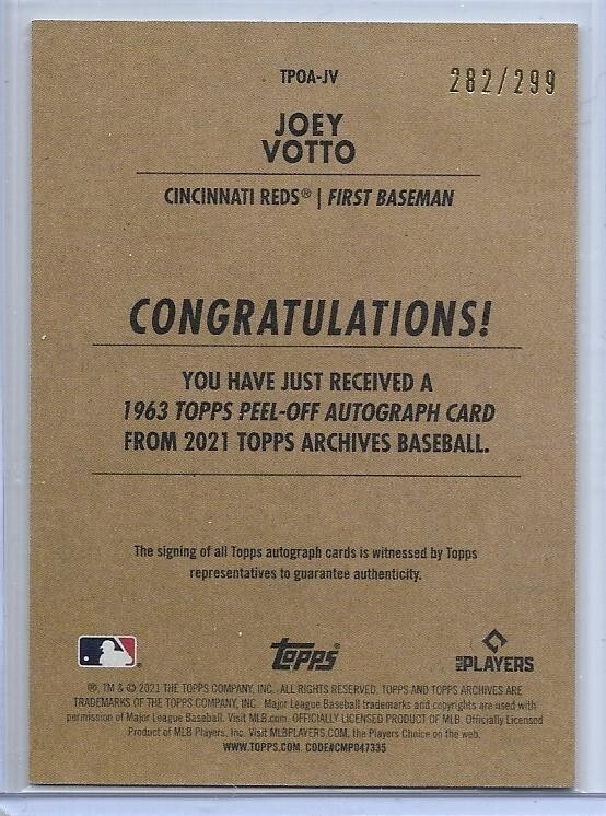 2021 TOPPS ARCHIVES PEEL OFF JOEY VOTTO AUTOGRAPH AUTO #D282/299 ...