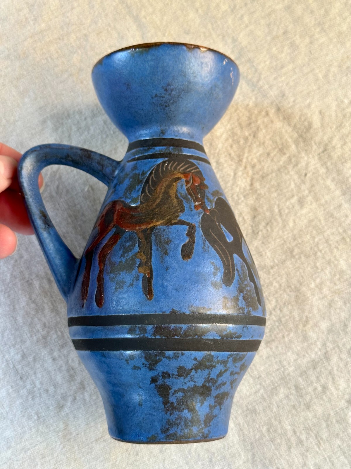 1960s Mid Century Hans Welling for Ceramano Vase, Blue Horses Vintage ...