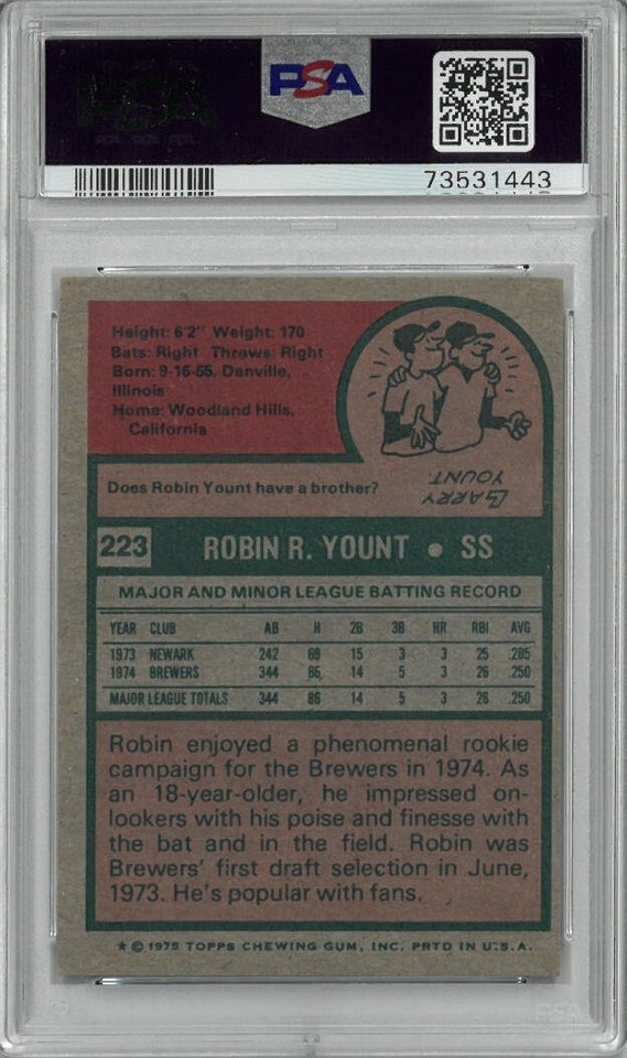 Robin Yount 1975 Topps Baseball Rookie Card (RC) #223- PSA Graded 5 EX ...