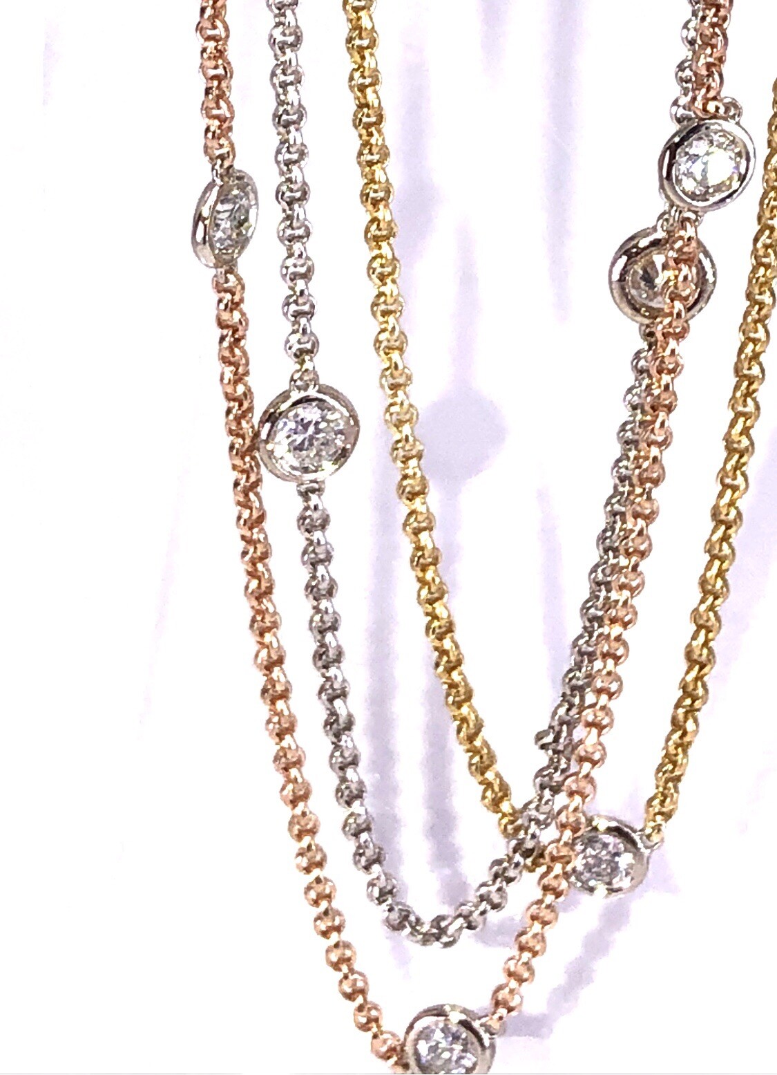 14K 4.00tcw 3 ROW TRICOLOR ROLO CHAIN NATURAL DIAMOND BY THE YARD ...