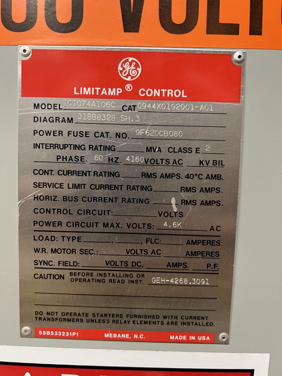 GE Limitamp Control 4160 Starter and Cabinet MODEL IC1074A106C TWO ...