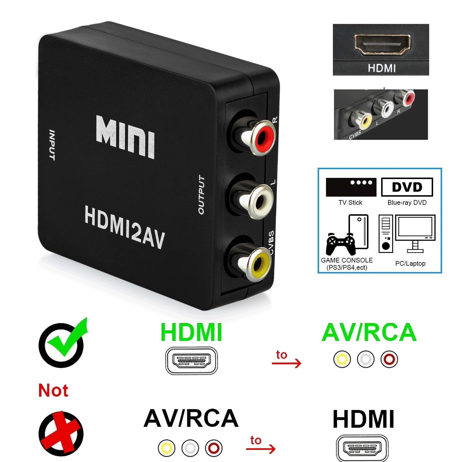 1080P AV Scart Composite Converter Adapter HDMI to 3 RCA CVBS Full HD ...