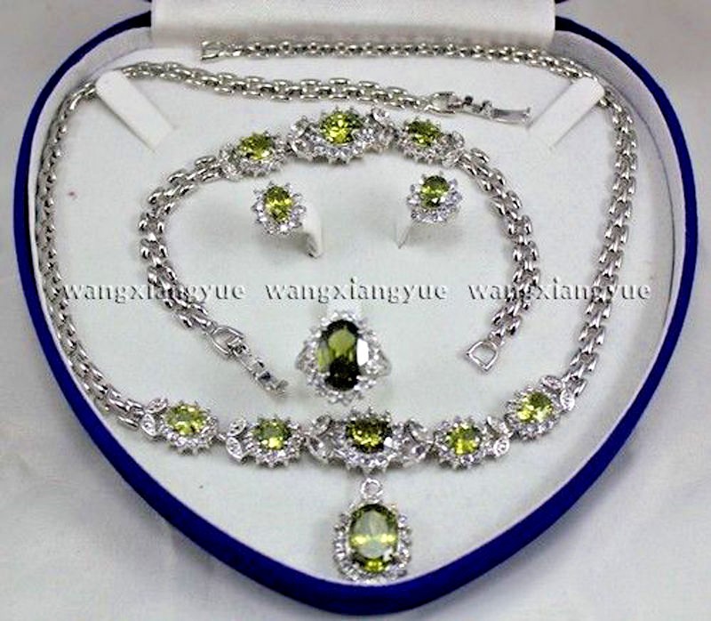 Charming! Peridot Inlay Link Bracelet Earrings Ring Pendant Necklace ...