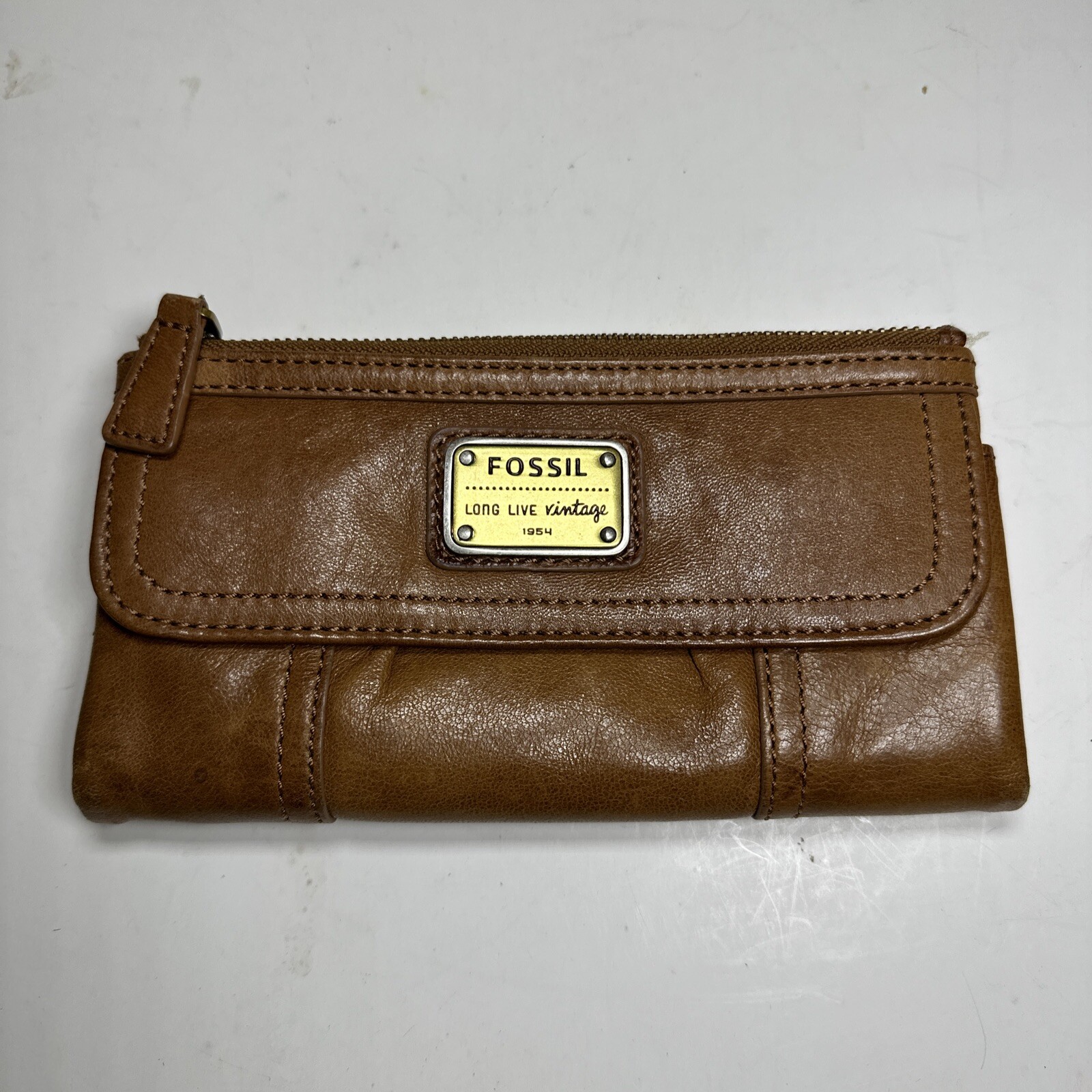 Fossil Bifold Brown Leather Top Zip Wallet 7x4 Long L… - Gem