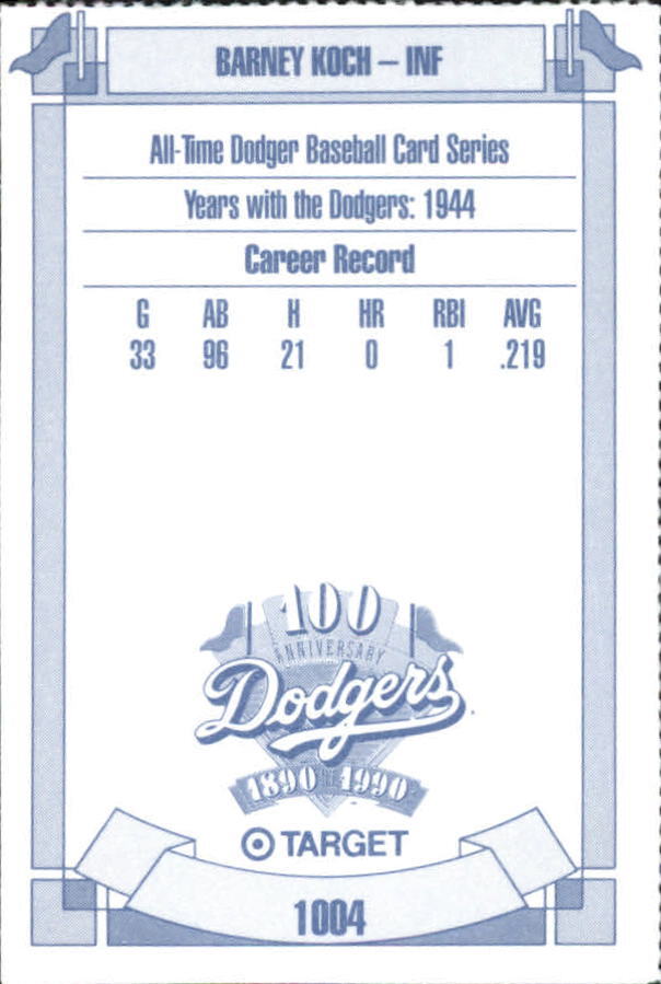 1990 Dodgers Target Baseball Card #1004 Barney Koch | eBay