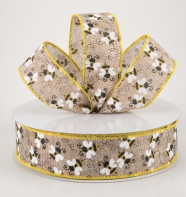 BEE Wired Ribbon BLK Yellow +White on Natural 5 yards BUZZING Bee ...