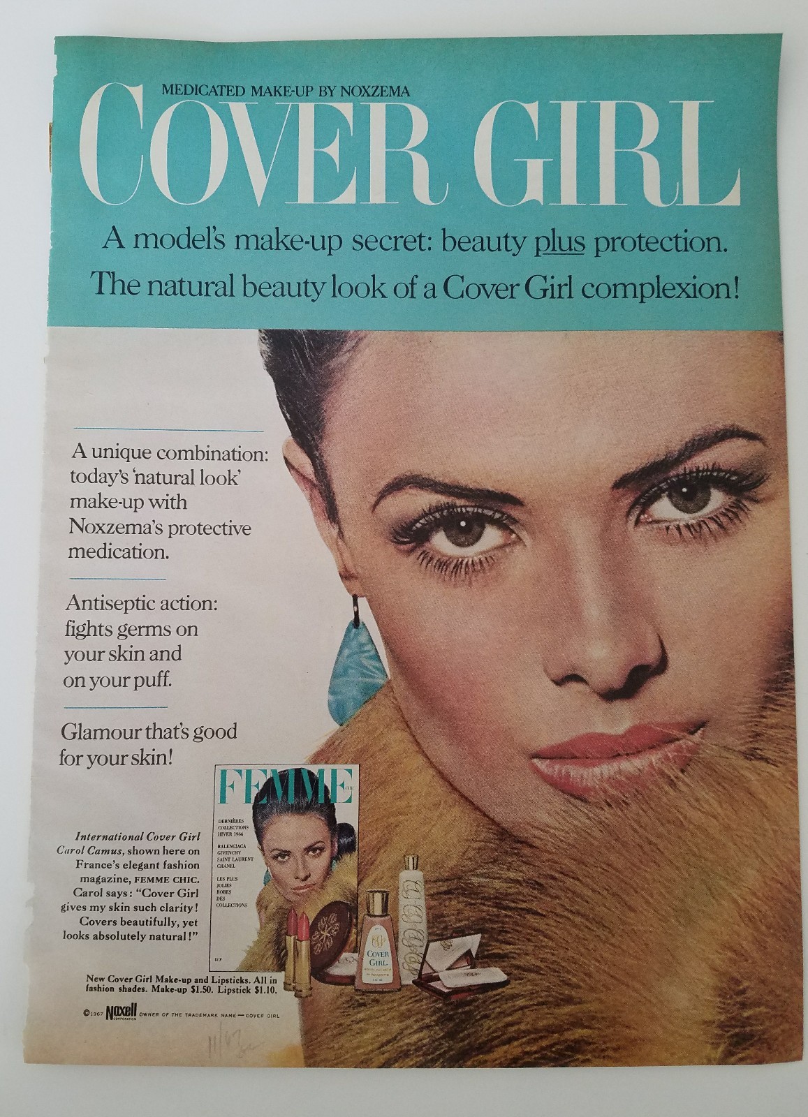 1967 Cover Girl Noxzema medicated makeup Carol Camus ad | eBay