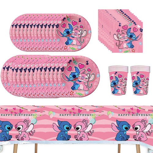 51x Pink Stitch Party Birthday Supplies Includes Plates Cups Napkins ...