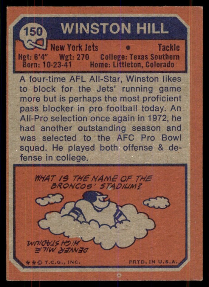 1973 Topps Football Cards Winston Hill HOF New York Jets #150 | eBay