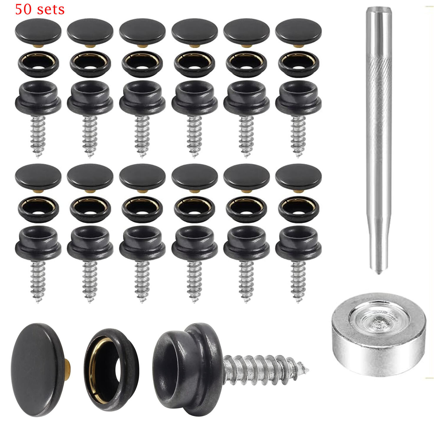 50 sets Fastener Snap Press Stud Cap Buttons With 2 Tools for Marine ...