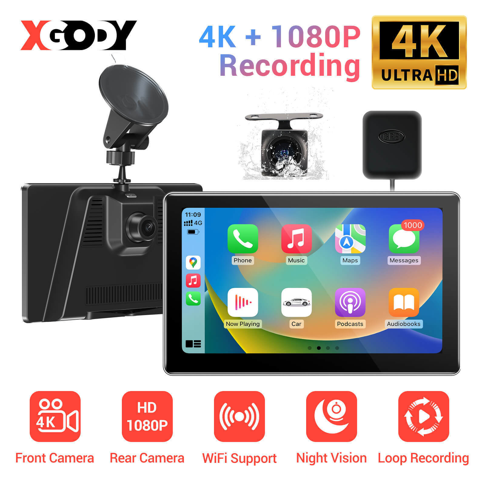 XGODY 7 Zoll 4K Dashcam Carplay Car DVR Kamera Touch Screen Fit Android IOS GPS | eBay