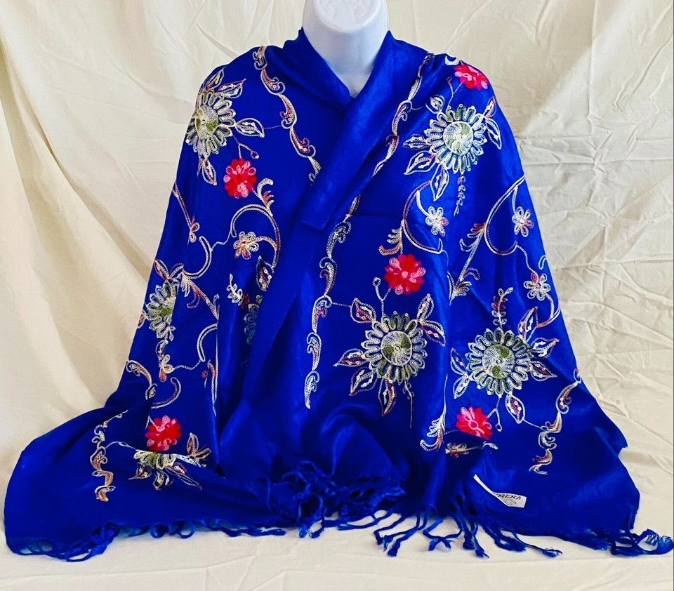 Pashmina Royal Blue Scarf Wrap Shawl with Peony Flower Sparkle | eBay