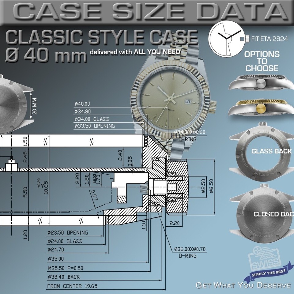 WATCH CASE CLASSIC, Ø 40MM, ST.STEEL, fit MOV: ETA-2824, SW 200,PO24 ...