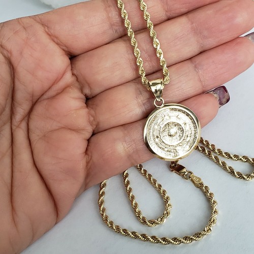Solid 14k Yellow Gold mayan mexican Aztec Calendar pendant charm rope ...