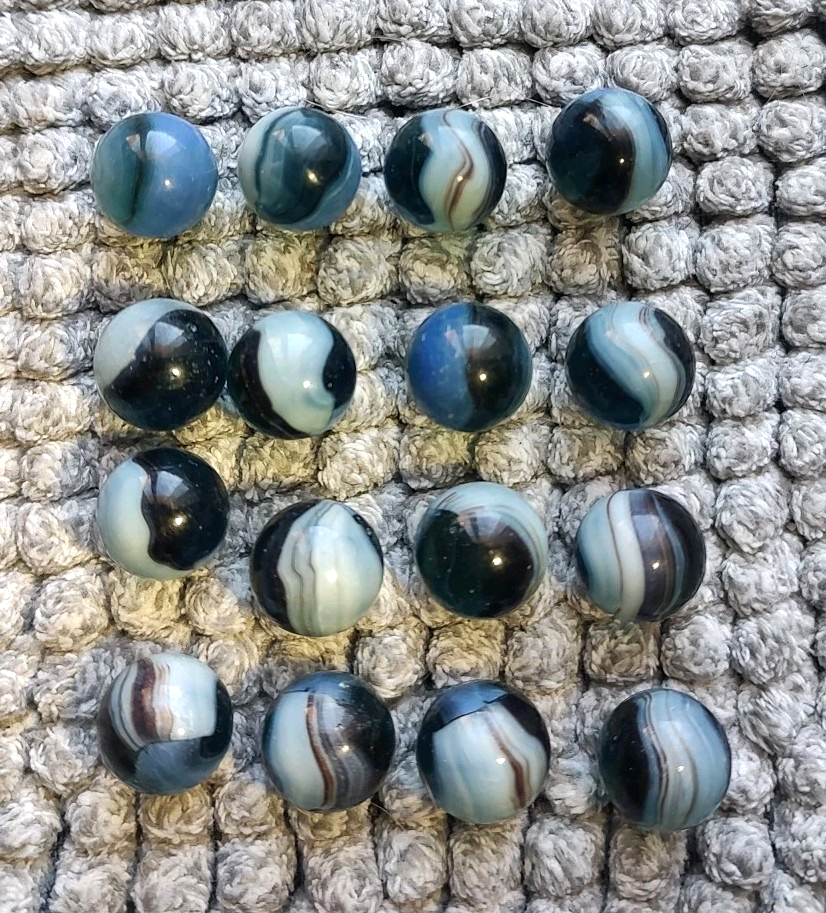 RARE Lot of 16 Vintage Akro Agate Blue Oxblood Patch Marbles 0.6"- 0.63 ...