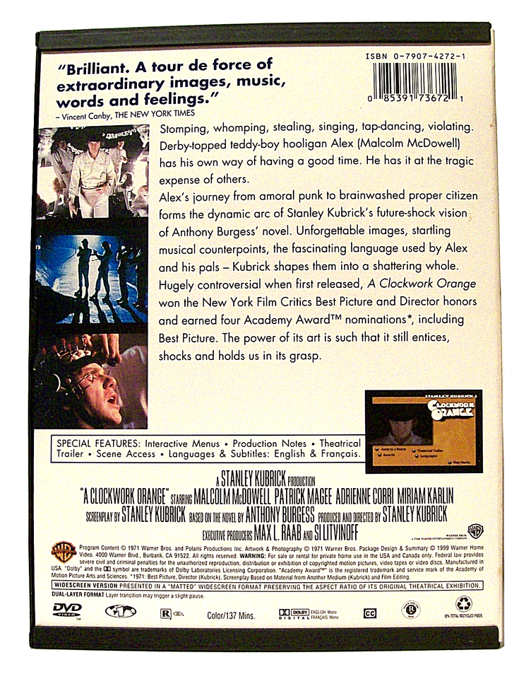 "A CLOCKWORK ORANGE (1971)" Stanley Kubrick Collection DVD (1999, WB ...