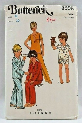 1970s Butterick Sewing Pattern 5998 Boys Pajamas 2 Styles Size 12 ...