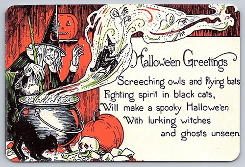 Postcard NEW Halloween Greetings Poem Wicked Witch Brewing Poisonous ...